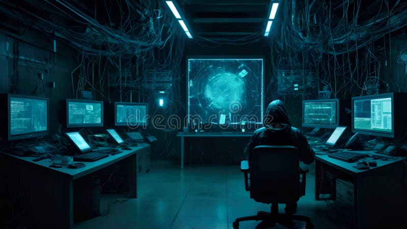 Anonymous Hacker Surrounded by a Web of Wires in High-tech Underground ...