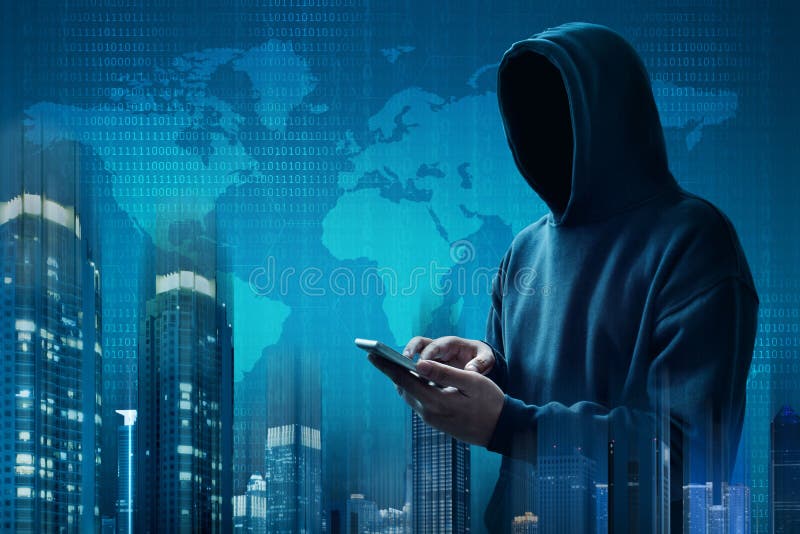 Hacker Using Mobile Phone on the Rooftop Stock Image - Image of data ...
