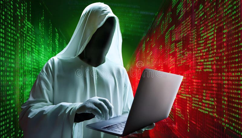 Anonymous Hacker in White Robe Uses Laptop Amidst a Digital Code Storm ...