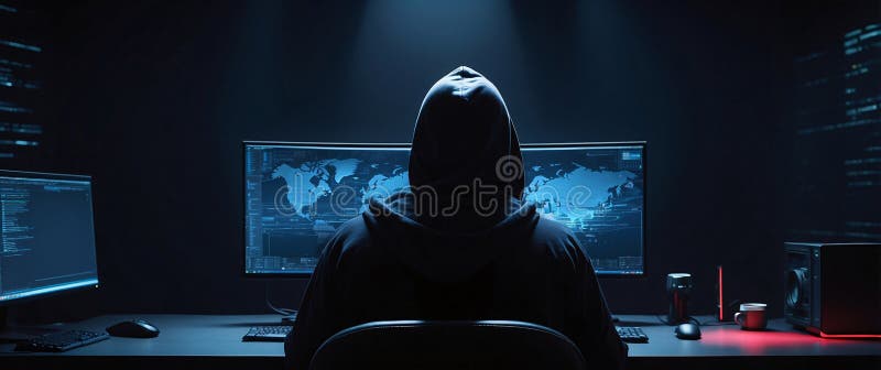Anonymous Hacker at Work in a Dark Room Stock Photo - Image of breach ...