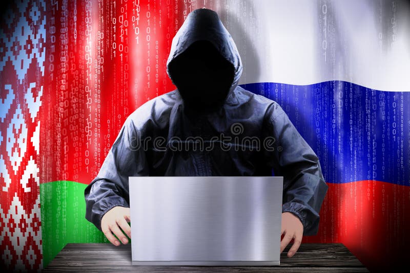 Anonymous Hacker Working on a Laptop, Flags of Belarus and Russia Stock ...