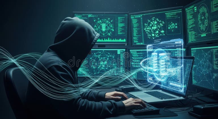 Anonymous Hacker Working Late at Night on Computer with Multiple ...