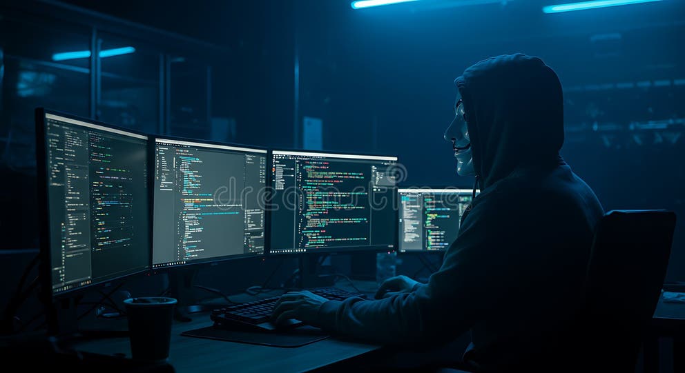 Anonymous Hacker Working Late at Night on Multiple Monitors Displaying Complex Code Lines ...