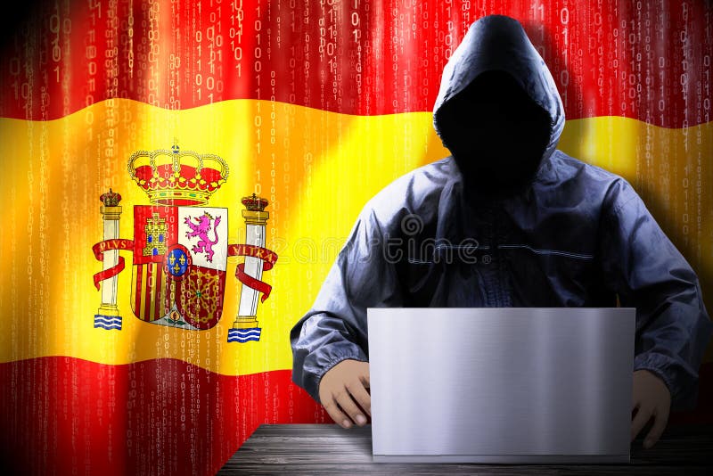 Anonymous Hooded Hacker, Flag of Spain, Binary Code - Cyber Attack ...