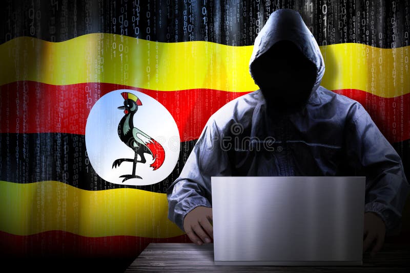 Anonymous Hooded Hacker Flag Of Uganda Binary Code Cyber Attack