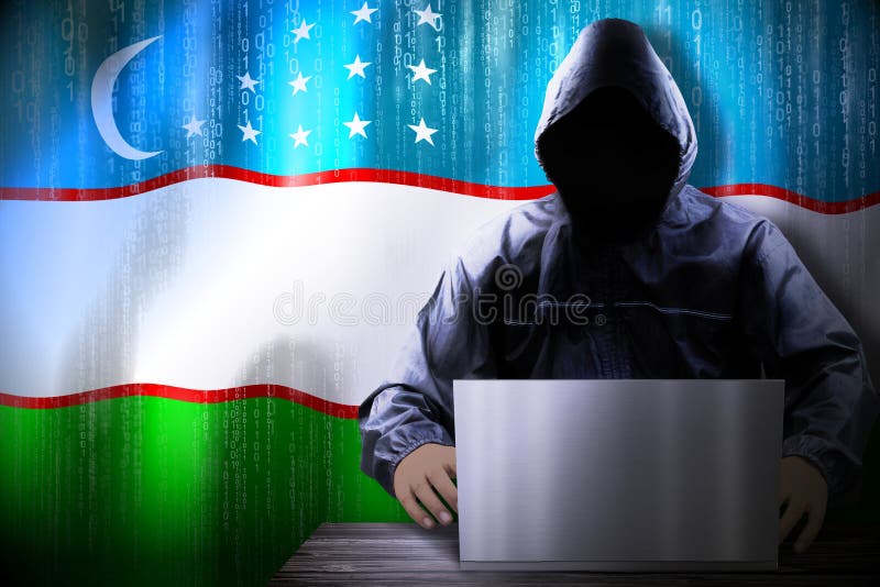 Anonymous Hooded Hacker, Flag of Uzbekistan, Binary Code - Cyber Attack Concept Stock Image ...