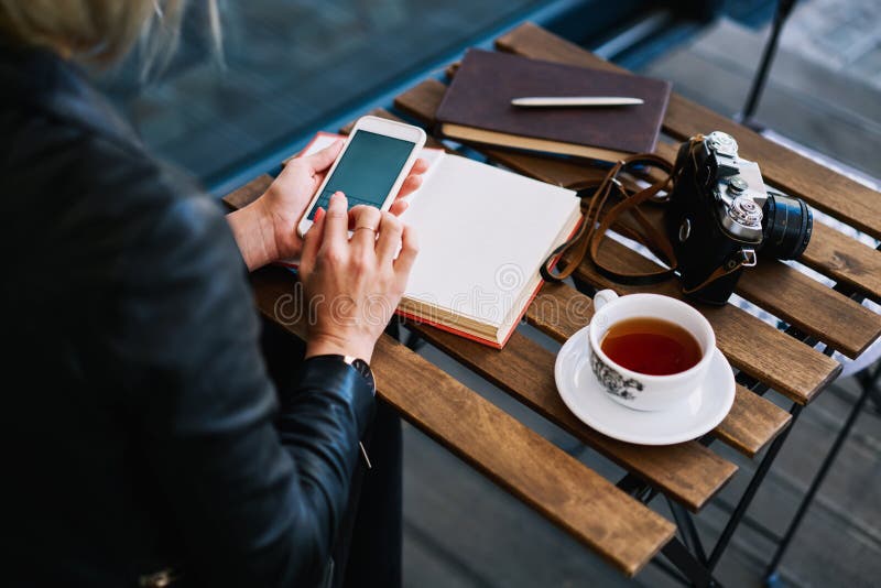 Anonymous Lady Using Smartphone in Cafe Stock Image - Image of ...