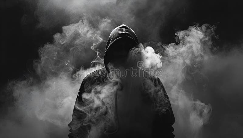 Anonymous Man in Hood Surrounded by Smoke on Black Background. Banner ...