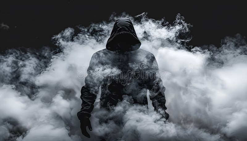 Anonymous Man in Hood Surrounded by Smoke on Black Background. Banner ...