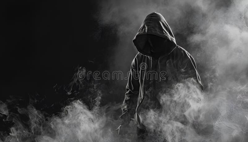 Anonymous Man in Hood Surrounded by Smoke on Black Background. Banner ...