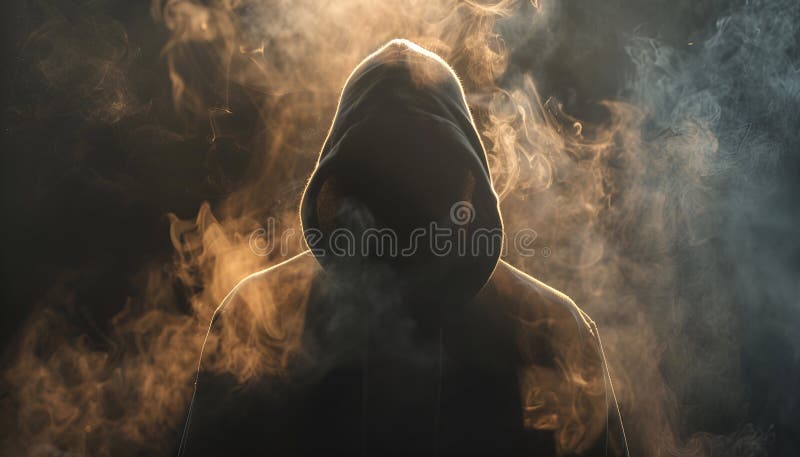 Anonymous Man in Hood Surrounded by Smoke on Black Background. Banner ...