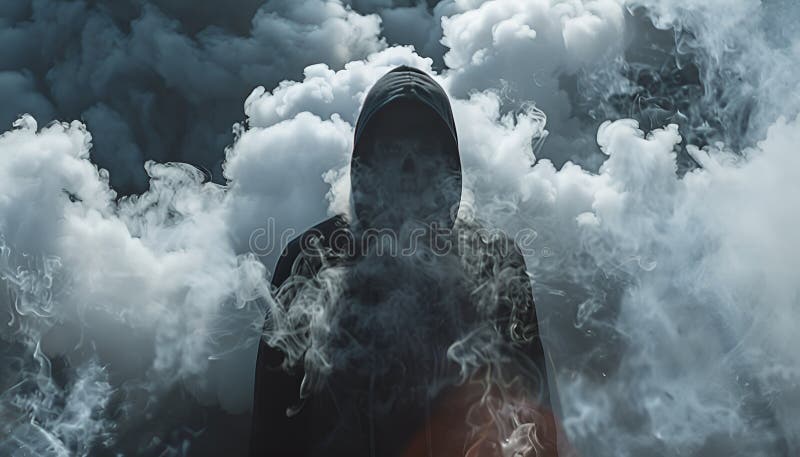 Anonymous Man in Hood Surrounded by Smoke on Black Background. Banner ...