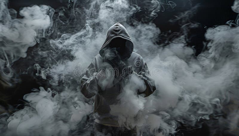 Anonymous Man in Hood Surrounded by Smoke on Black Background. Banner ...