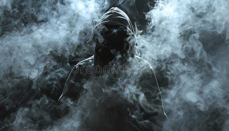 Anonymous Man in Hood Surrounded by Smoke on Black Background. Banner ...