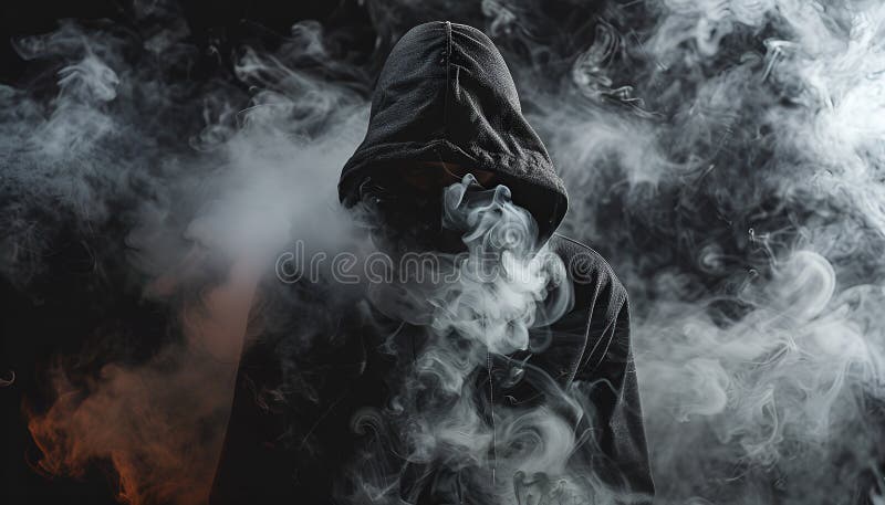 Anonymous Man in Hood Surrounded by Smoke on Black Background. Banner ...
