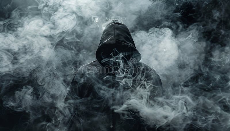 Anonymous Man in Hood Surrounded by Smoke on Black Background. Banner ...