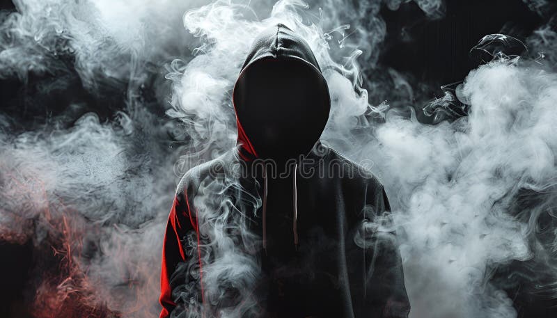 Anonymous Man in Hood Surrounded by Smoke on Black Background. Banner ...