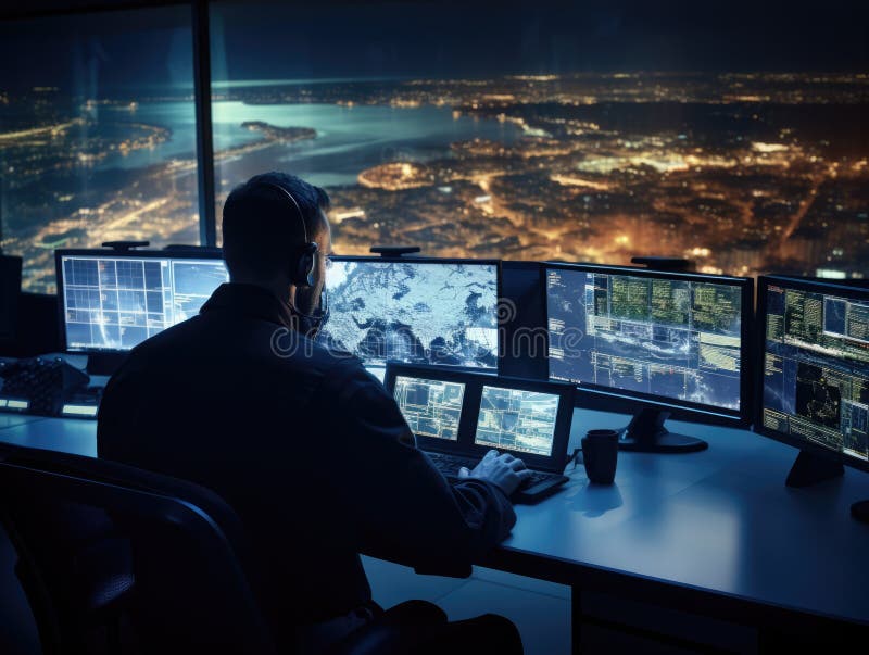 Anonymous Man Sitting Near Multiple Computer Screen Stock Illustration ...