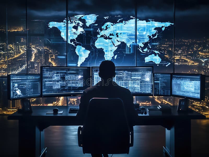 Anonymous Man Sitting Near Multiple Computer Screen Stock Image - Image ...