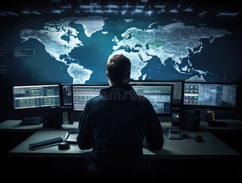 Anonymous Man Sitting Near Multiple Computer Screen Stock Image - Image ...