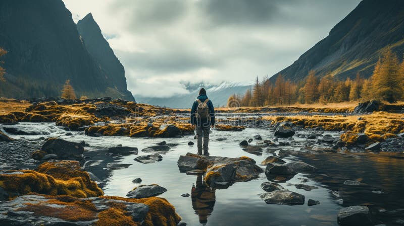 Anonymous Person Contemplating a Waterfall. Generative Ai Stock ...