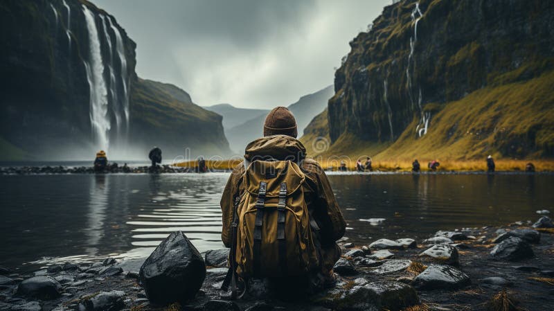 Anonymous Person Contemplating a Waterfall. Generative Ai Stock ...