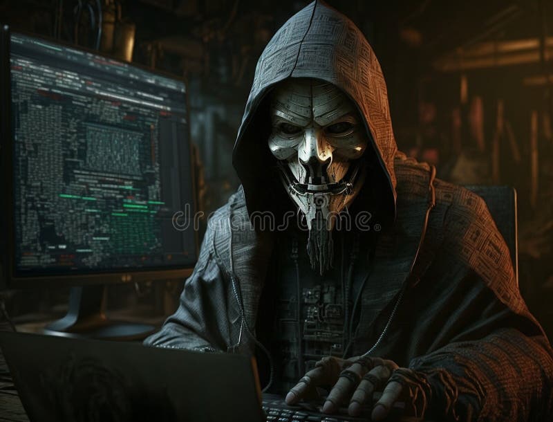 Anonymous Robot Hacker Typing Computer Laptop Concept Of Hacking Cybersecurity Cybercrime