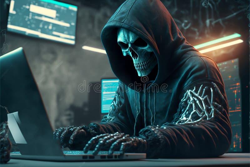 Anonymous Skeleton Hacker with Hood Sitting Next To Computer, AI ...