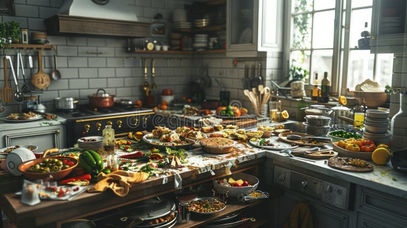 Another Bustling Kitchen Scene Featuring a Table Filled with an Array ...