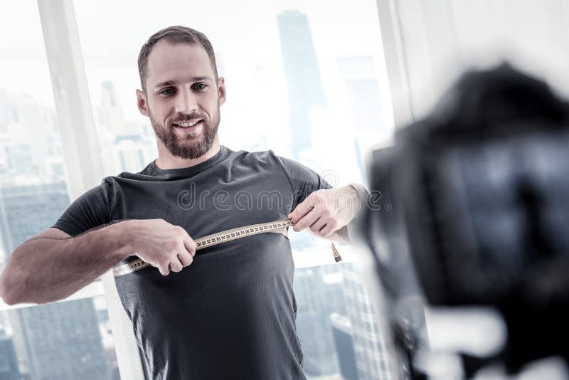 Pleasant Male Blogger Metering Chest Stock Photo - Image of camera ...