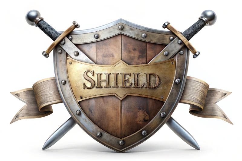 Metal Classical Shield with Crossed Swords and Motto Scroll Isolated 3d ...