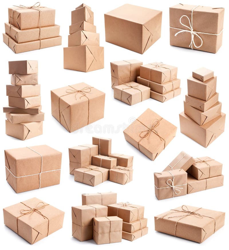 Gruppe Des Paketes Eingewickelt Mit Braunem Verpackungspapier Stockbild ...
