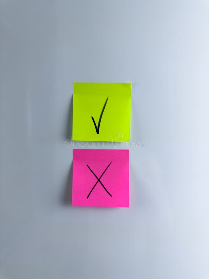 Answer Choice Symbol with Check Mark and Cross on Sticky Note Stock ...