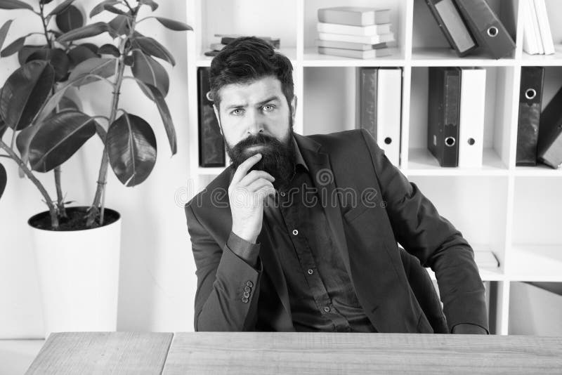 Answer Common Interview Questions. Man Bearded Hr Manager Sit in Office ... Answer Common Interview Questions. Man Bearded Hr Manager Sit in Office ...