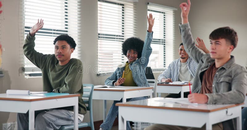 Answer, Education and Question with Student at Desk of Classroom in ...
