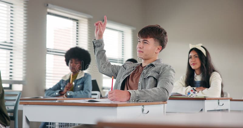 Answer, Education and Student at Desk of Classroom in School for ...