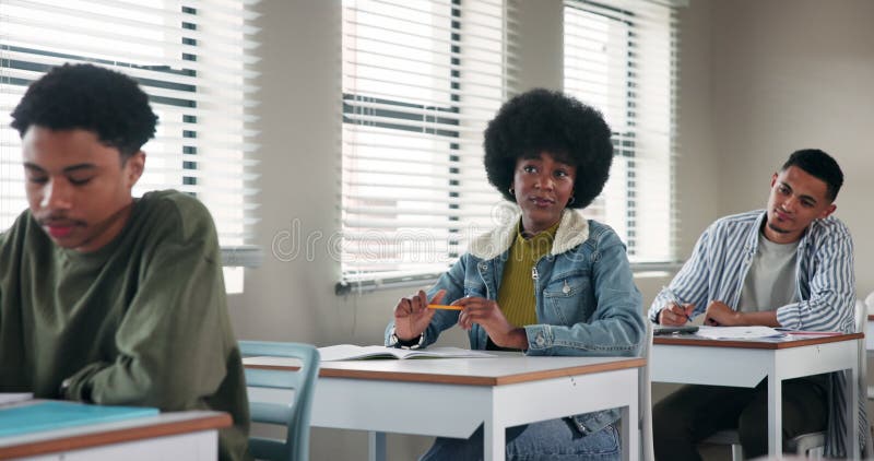 Answer, School and Question with Girl Student at Desk of Classroom for ...