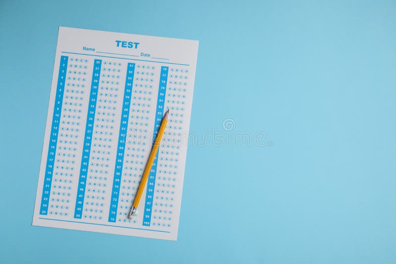 Answer Sheet and Pencil on Light Blue Background, Top View with Space ...