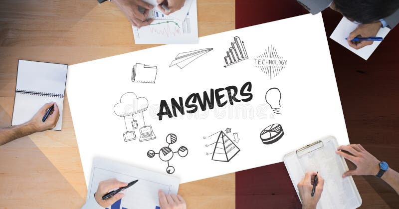 Answers Text by Icons and Business People on Table Stock Illustration ...