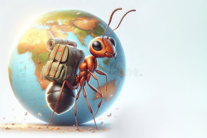 An Ant with a Backpack Travels Around the World. Space for Text. Stock ...