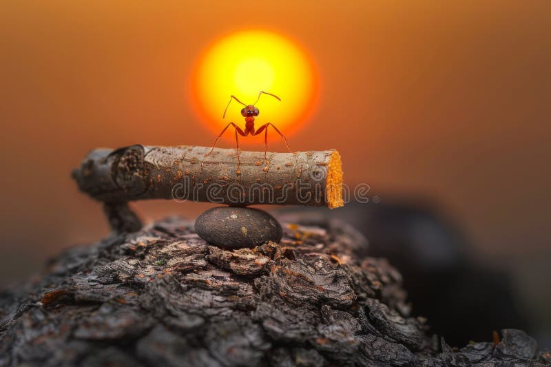 Ant Balancing on a Stick Against a Vibrant Sunset Backdrop at Dusk ...