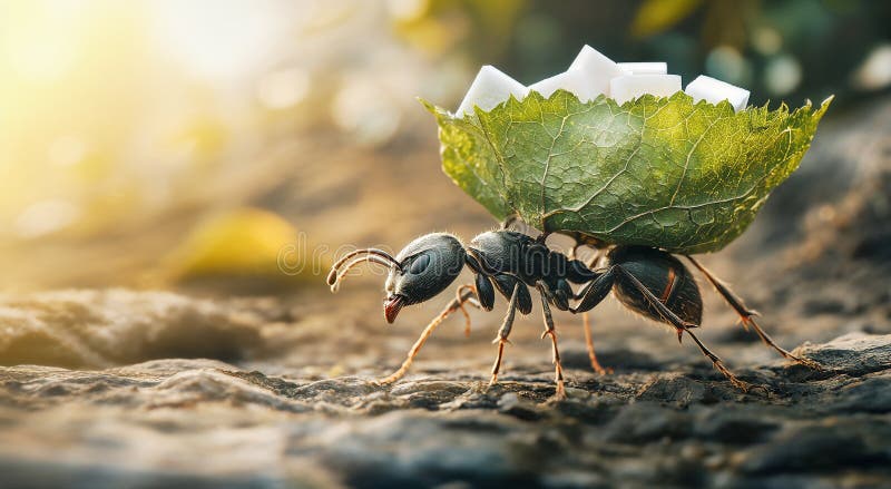 Ant Carrying Sugar Cubes on Leaf in Sunlight, Showcasing Teamwork and ...