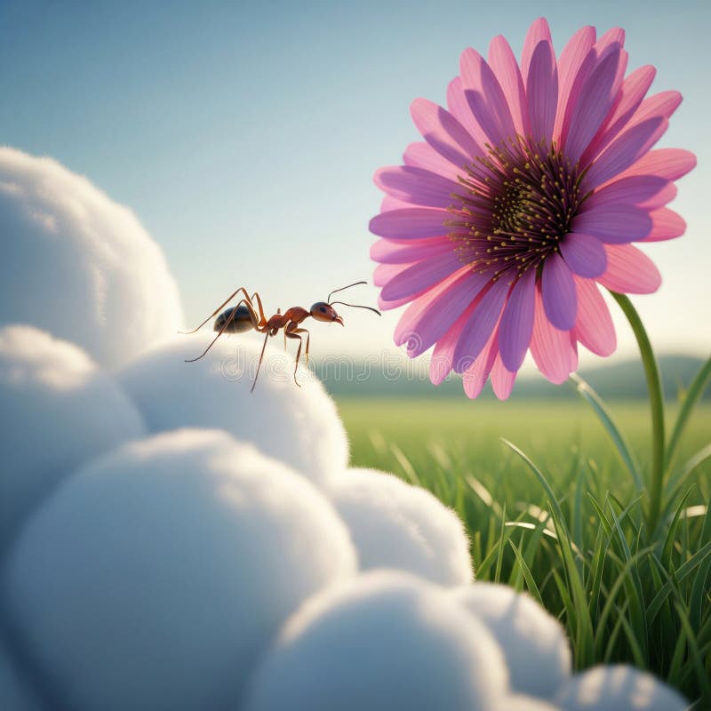 An Ant on the Clouds Reaches for a Pink Flower. Stock Image - Image of ...