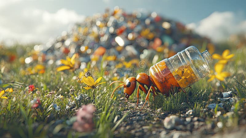 Ant Collects Plastic for Waste Dump. Environmental Problem of Garbage ...