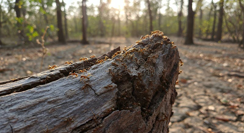 Ant Colony Working on a Log in Forest with Sunlight Stock Photo - Image ...