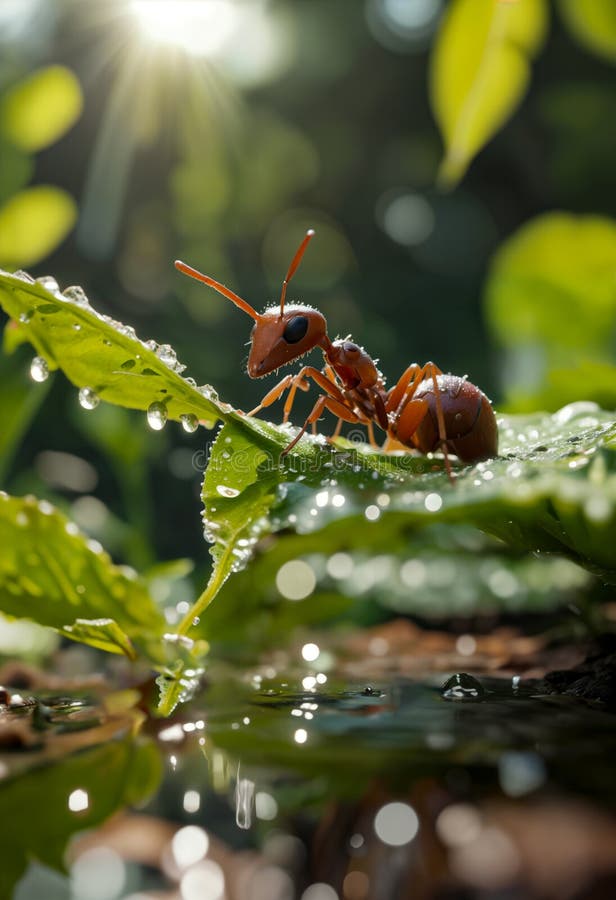 An Ant Drinks Water after Rain or from a Dew Drop on a Green Leaf in ...