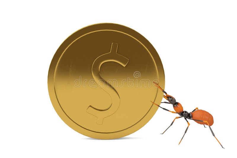 An Ant with Gold Coins.3D Illustration. Stock Illustration ...