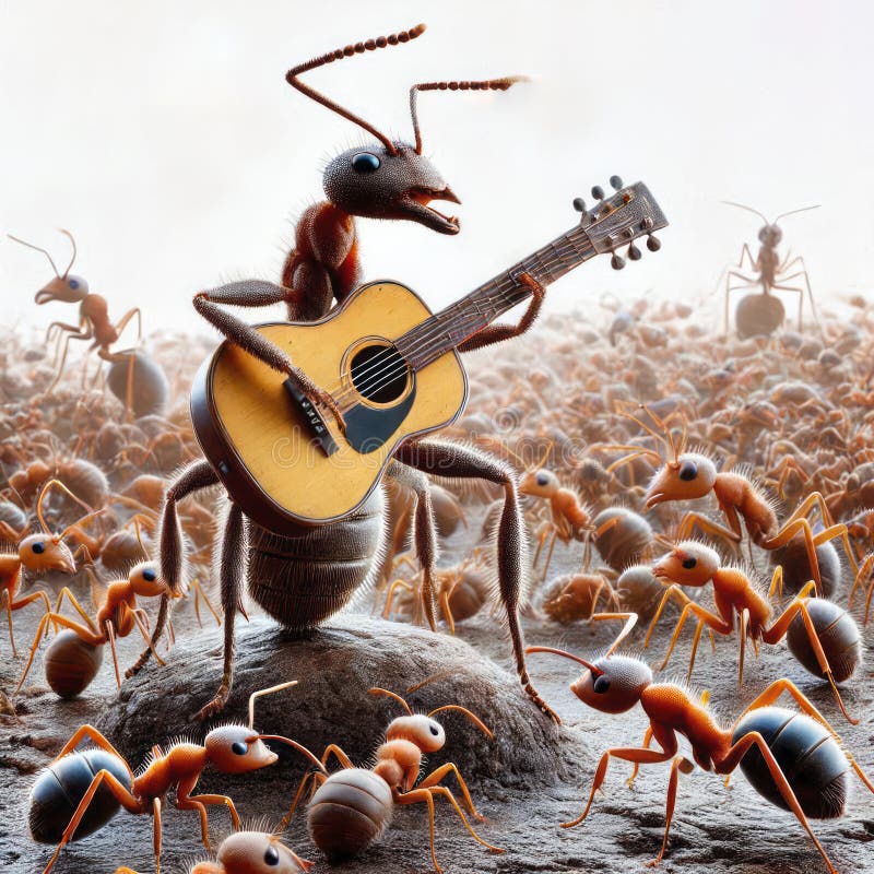 An Ant with a Guitar Performing in Front of Ants. Stock Image - Image ...
