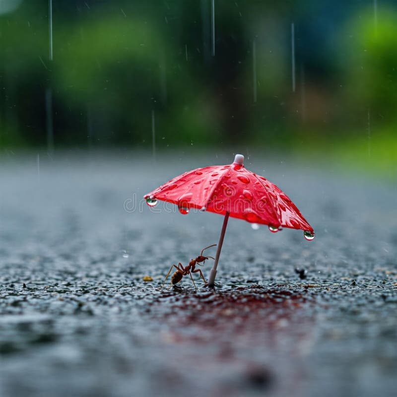 An Ant Hides Under a Red Umbrella when it Rains. Stock Photo - Image of ...