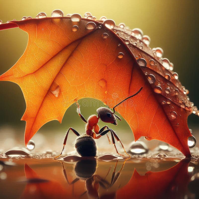 An Ant Hiding from the Rain Under an Autumn Leaf. Stock Image - Image ...